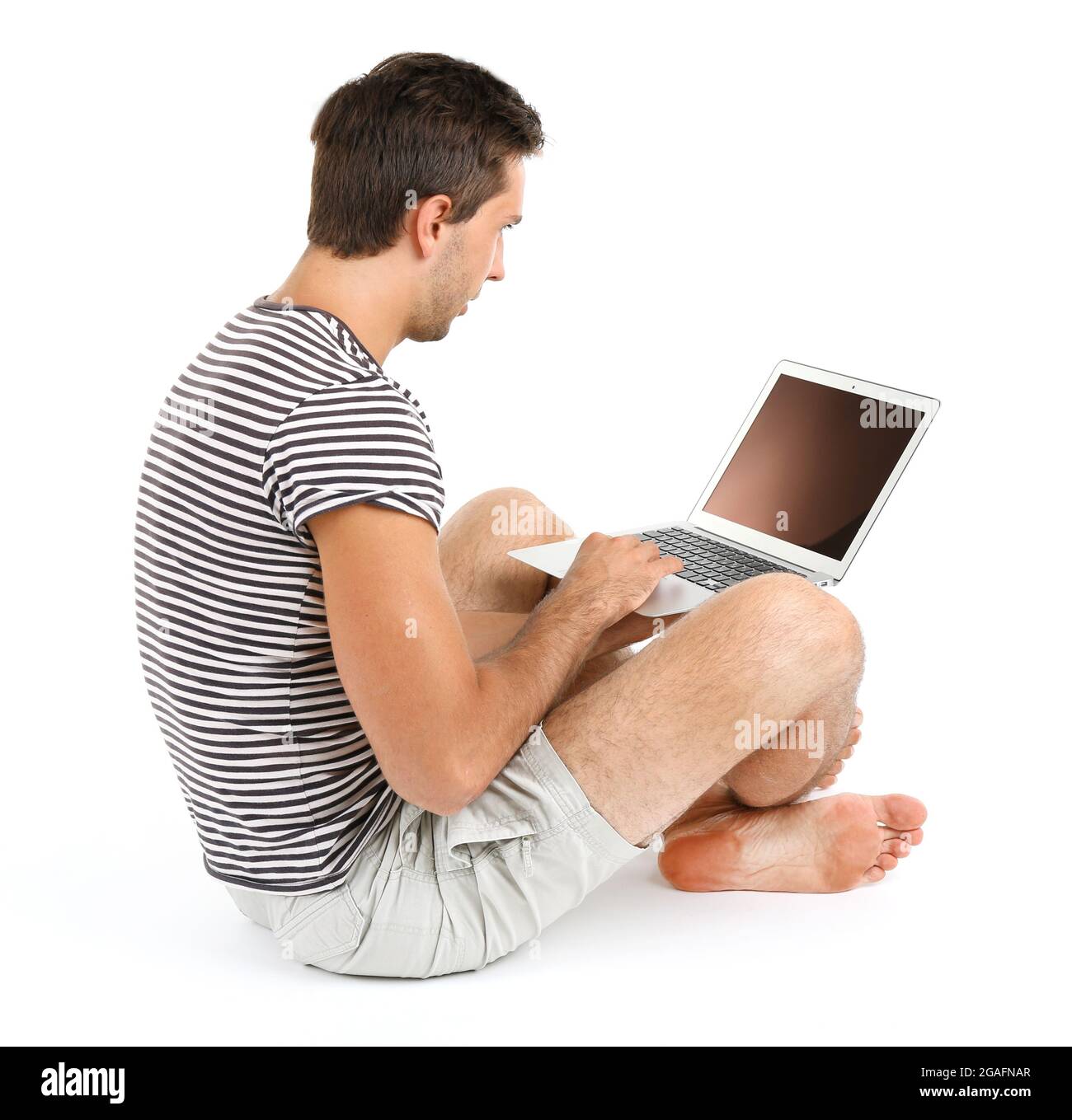 Man with laptop isolated on white, backside view Stock Photo - Alamy