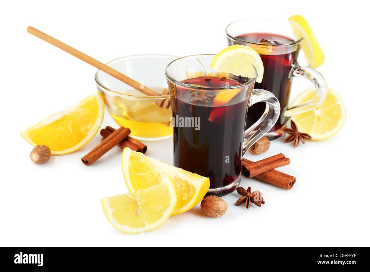 Composition of mulled wine and citrus isolated on white background ...