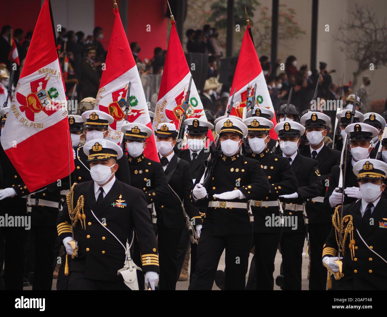 Lima, Peru. 30th July, 2021. Peruvian Navy officers marching on ...