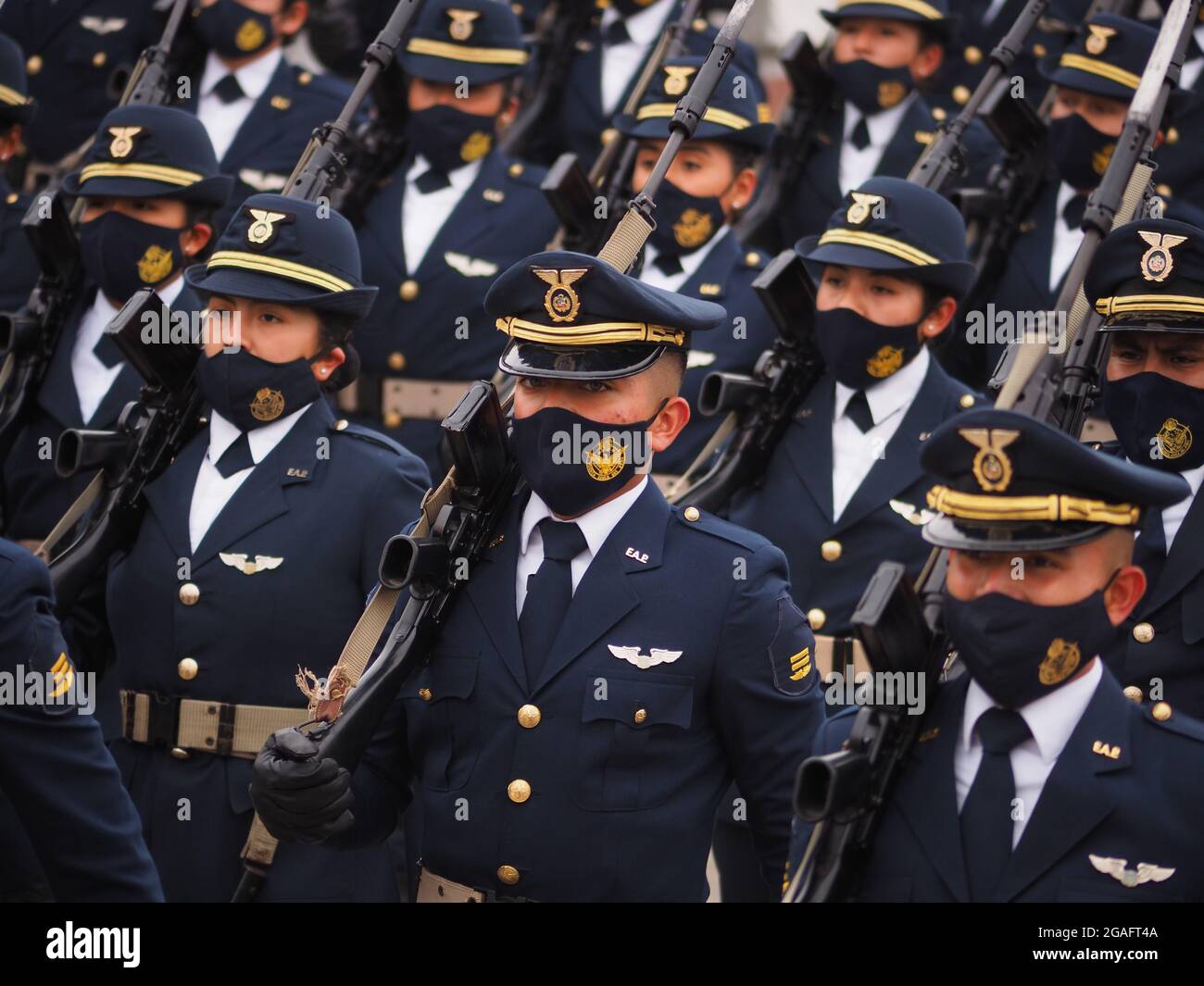 Lima, Peru. 30th July, 2021. Peruvian Air Force officers marching on ...
