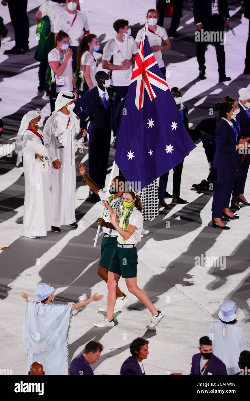 Tokyo, Japan, 23 July, 2021. Australia enter the arena with flag ...