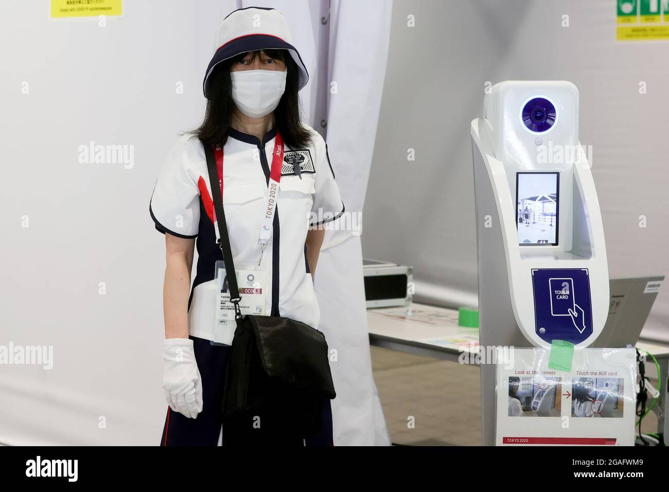 Tokyo, Japan, 22 July, 2021. Accreditation check in at the entrance to ...