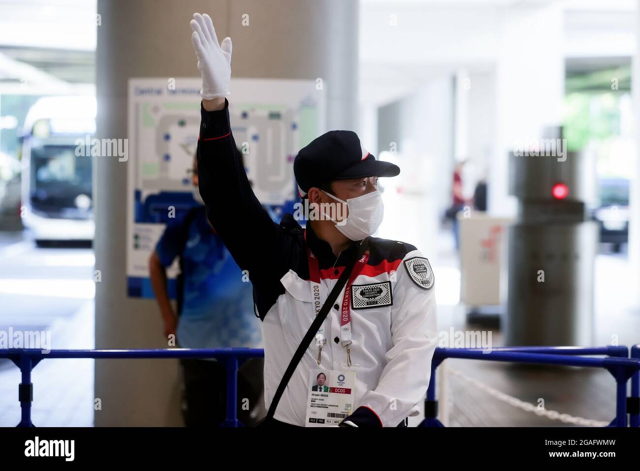 Tokyo, Japan, 22 July, 2021. Security guard the entrance to the Main ...