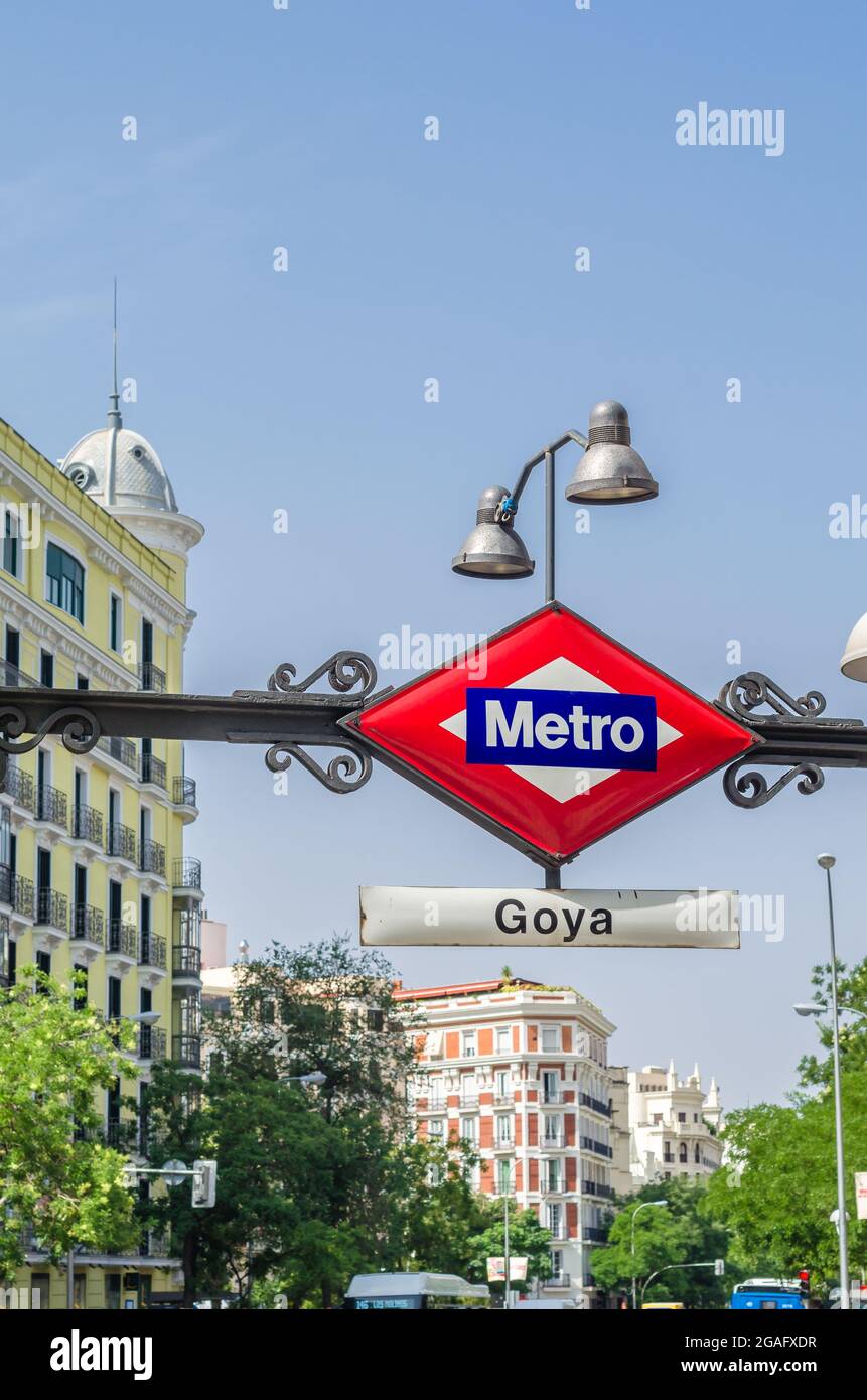 MADRID, SPAIN – JULY 23, 2021: Madrid Metro sign at Goya subway station ...