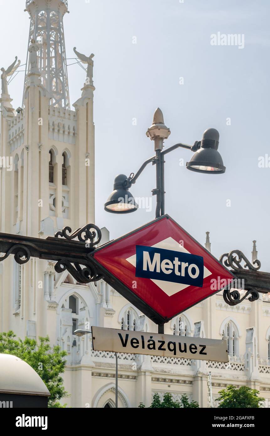 MADRID, SPAIN – JULY 23, 2021: Madrid Metro sign at Velazquez subway ...