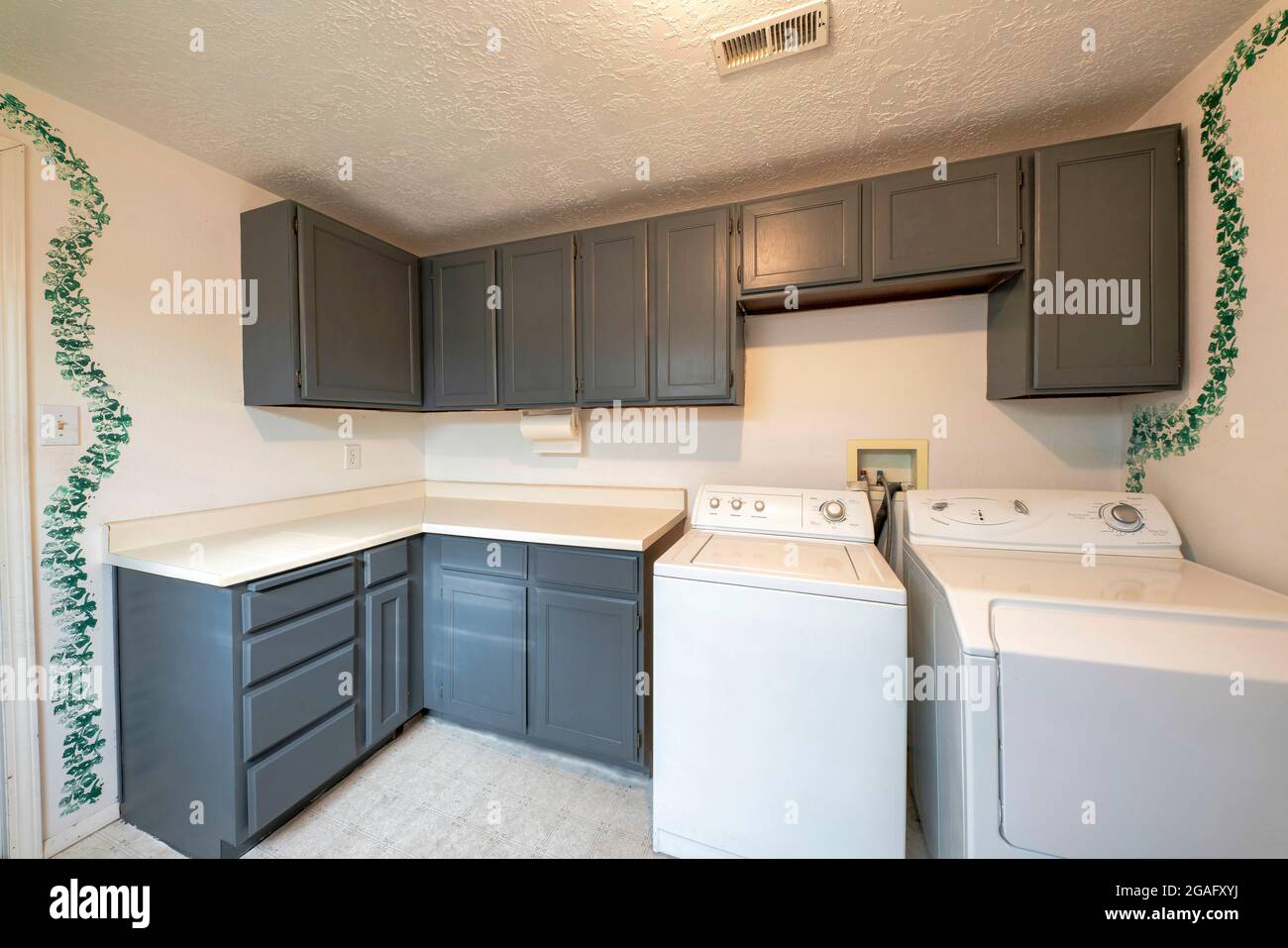 Laundry room exterior with laundry units and gray colored cabinets and ...