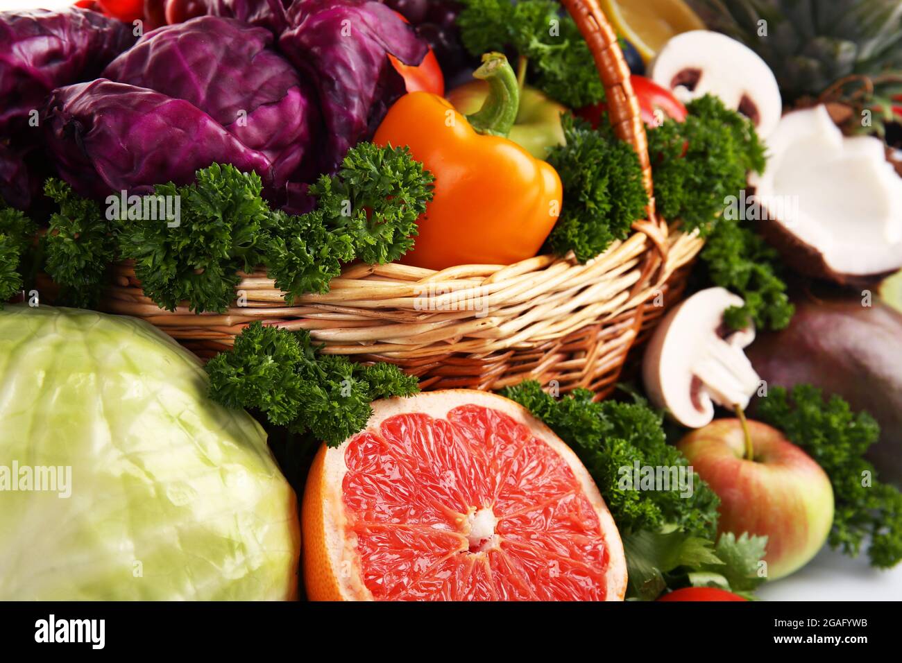 Bright background of fruit and vegetables in a basket Stock Photo - Alamy