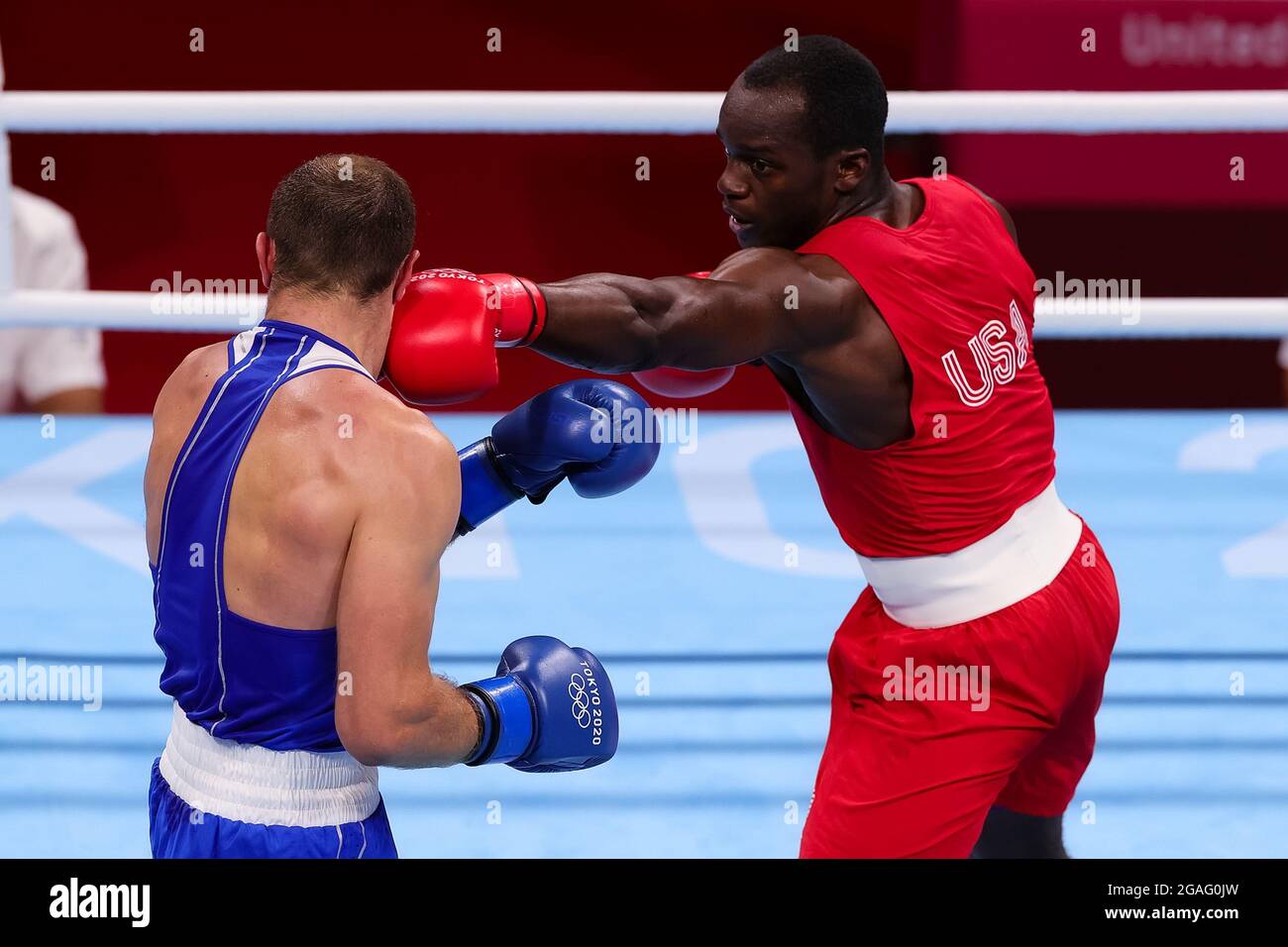 Tokyo, Japan, 26 July, 2021. Troy Isley of USA throws a punch during ...
