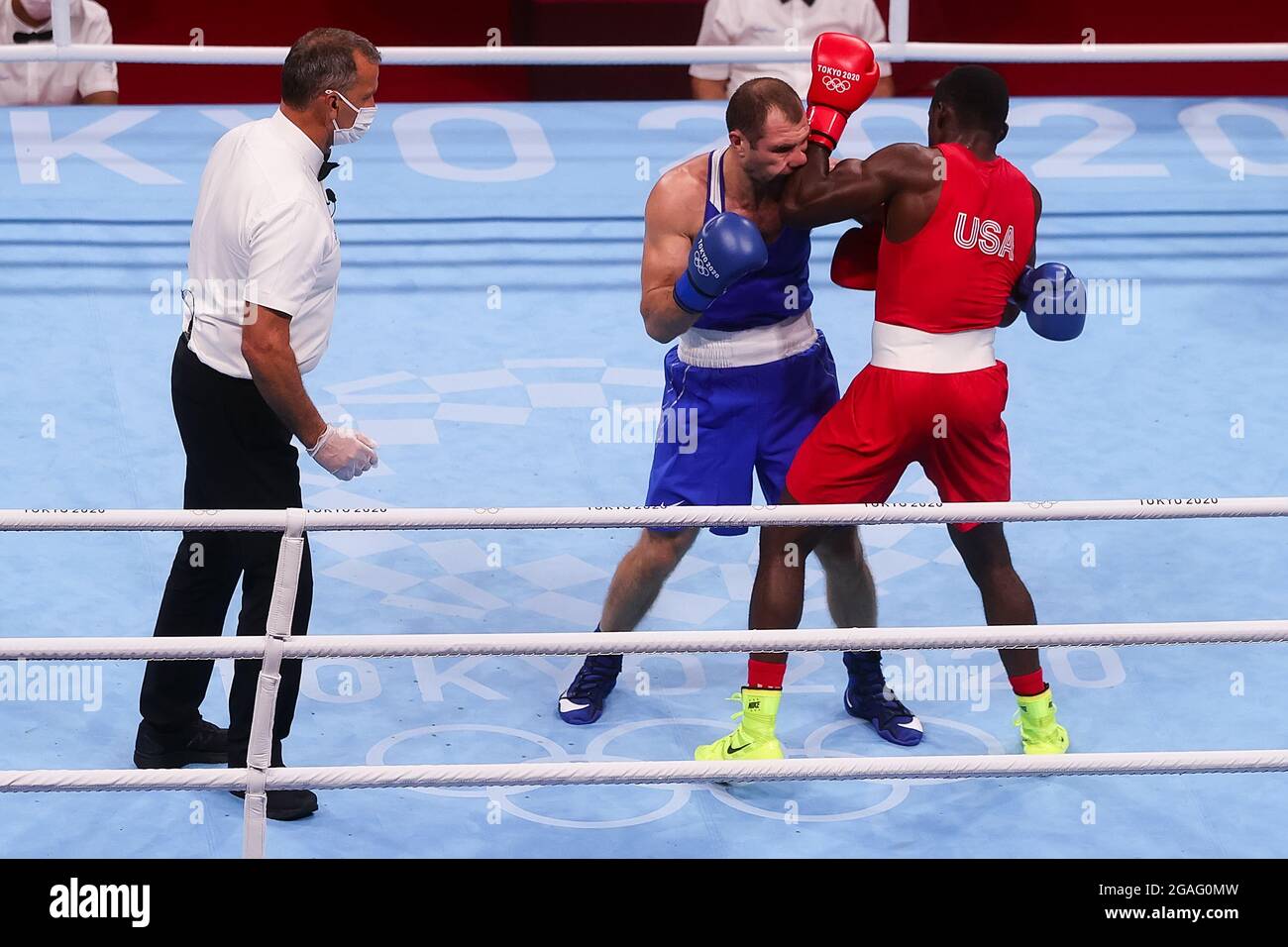 Tokyo, Japan, 26 July, 2021. Troy Isley of USA throws a punch during ...