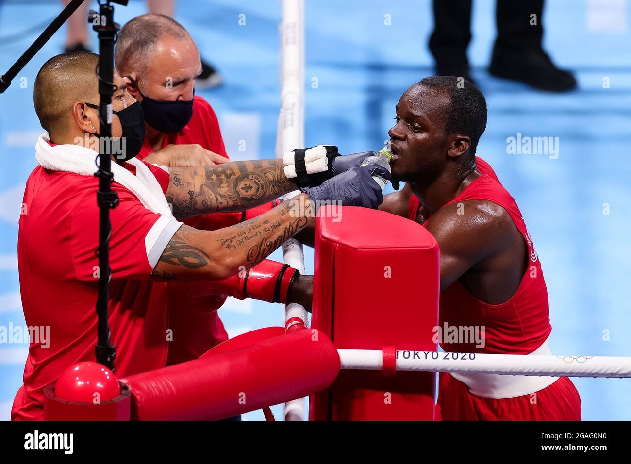 Tokyo, Japan, 26 July, 2021. Troy Isley of USA takes a drink during the ...