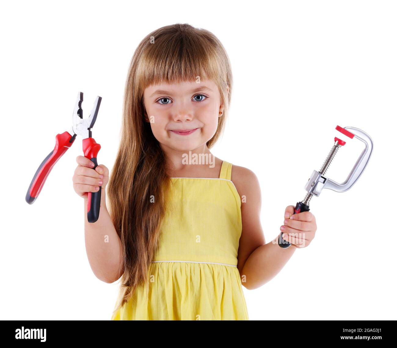 Little girl with toy tools isolated on white Stock Photo - Alamy