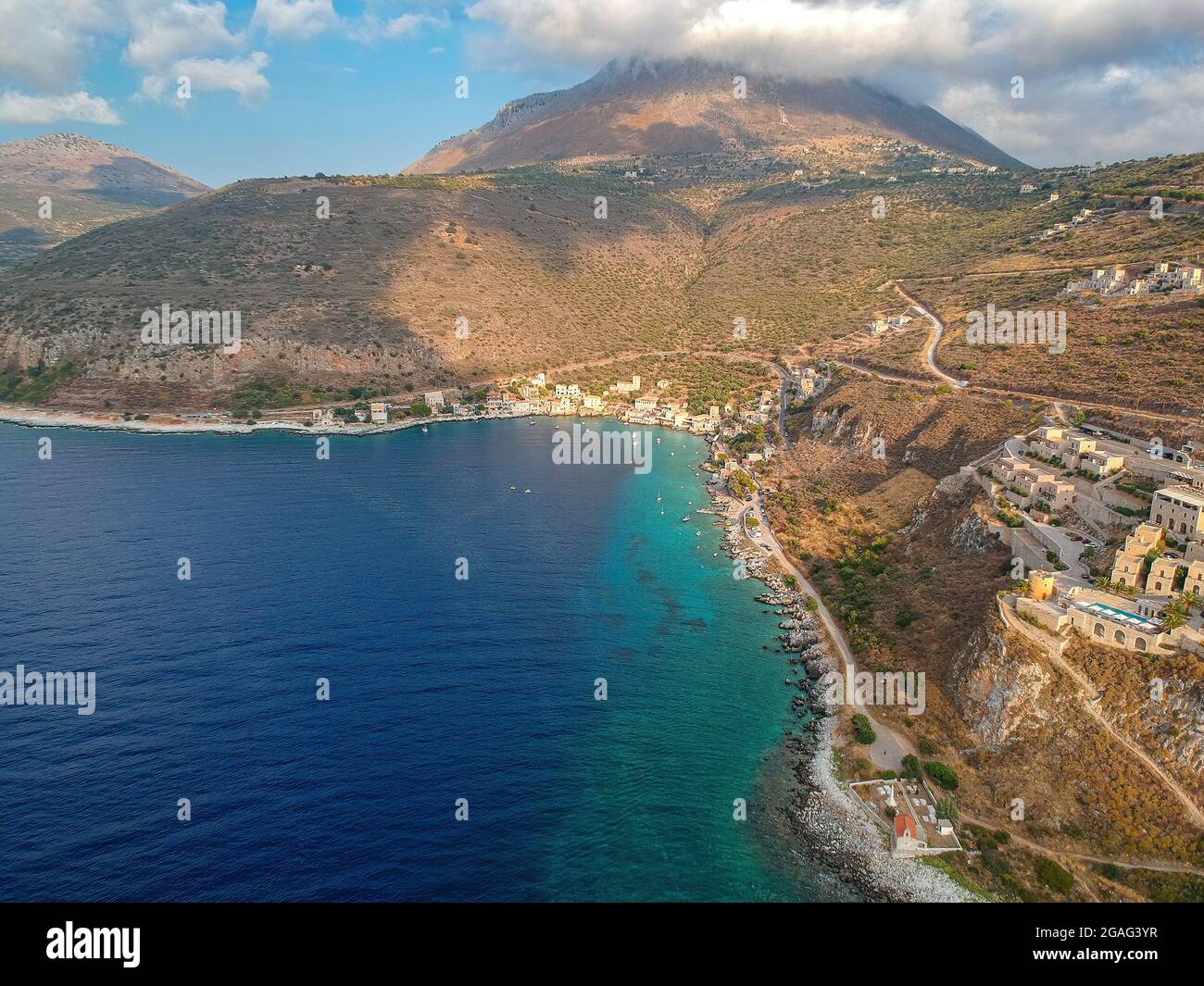 Iconic aerial view over the picturesque seaside Limeni village in Mani ...