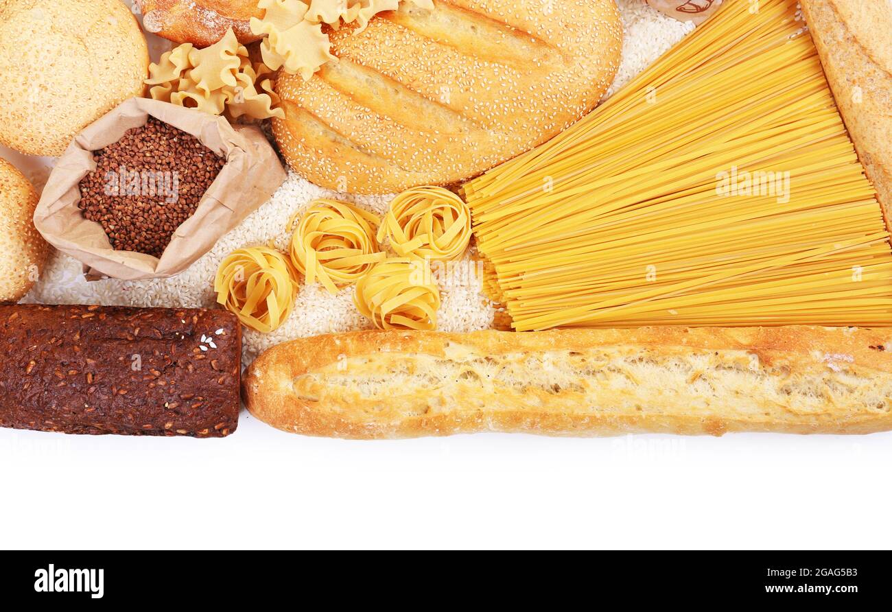 Composition of mixed breads, macaroni and grains on white background ...