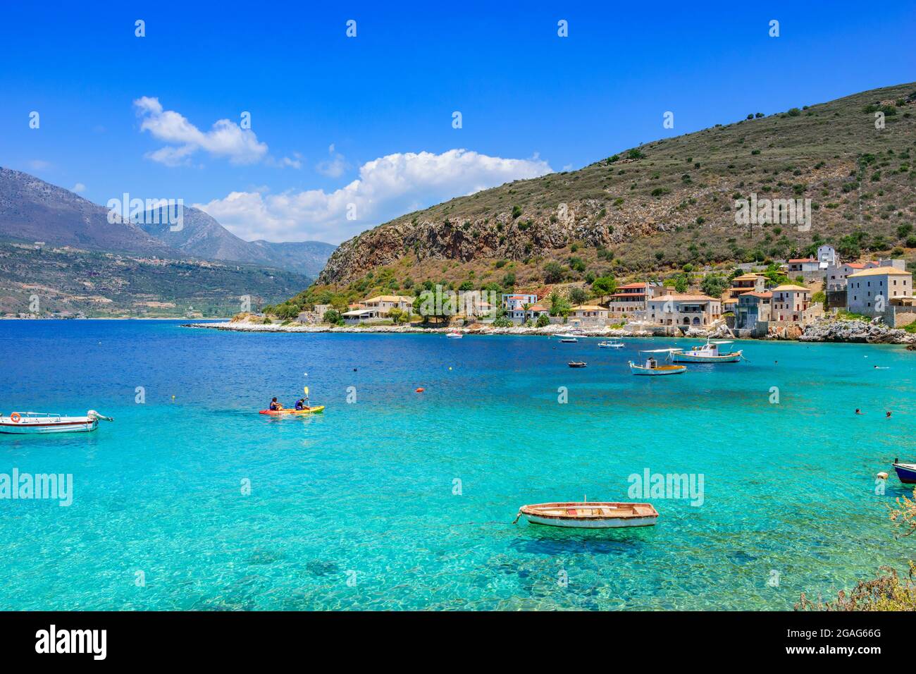 Scenic view from the picturesque seaside village Limeni. Traditional ...