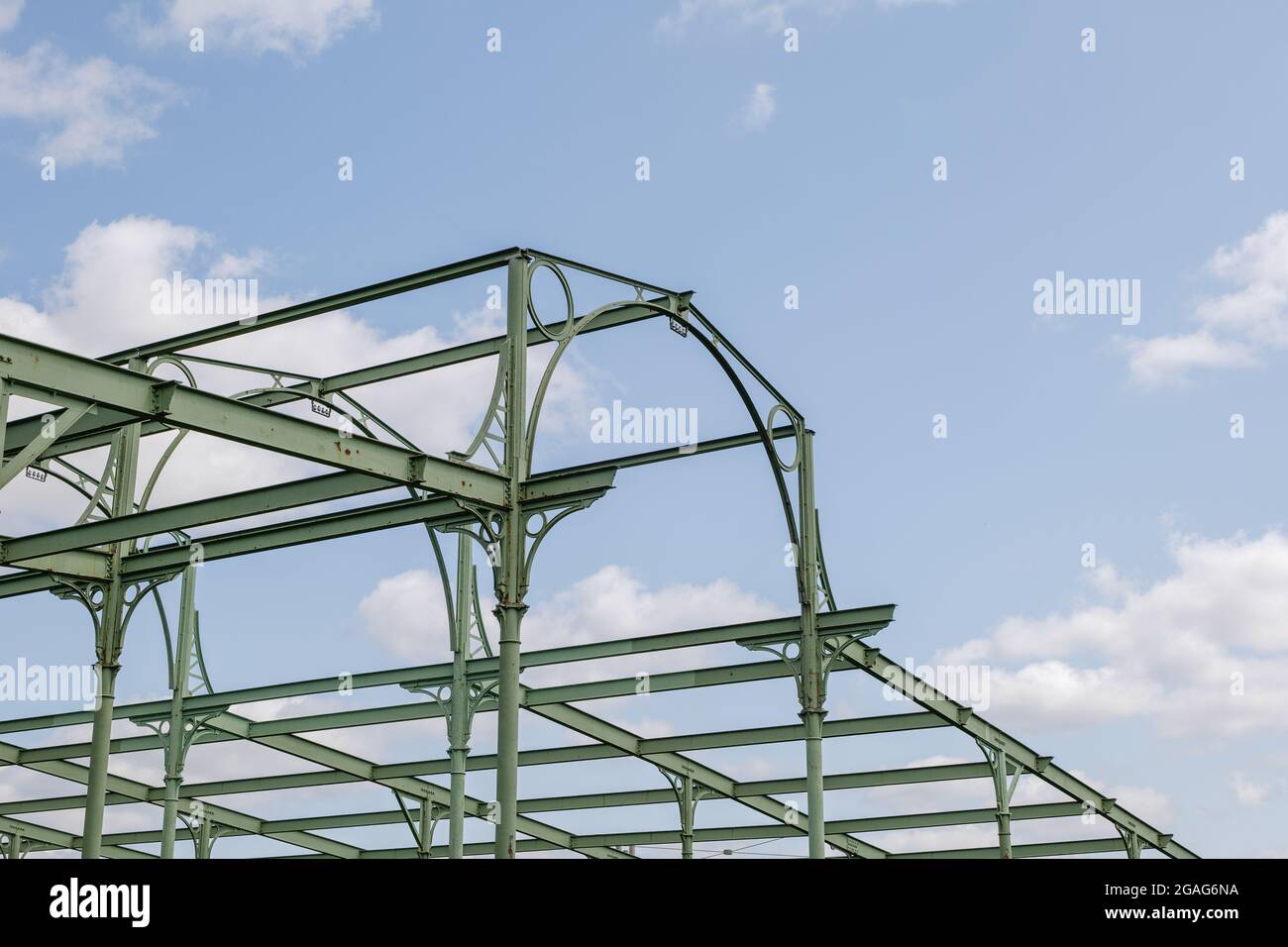 Detail of existing retro steel roof green structure of old industrial ...