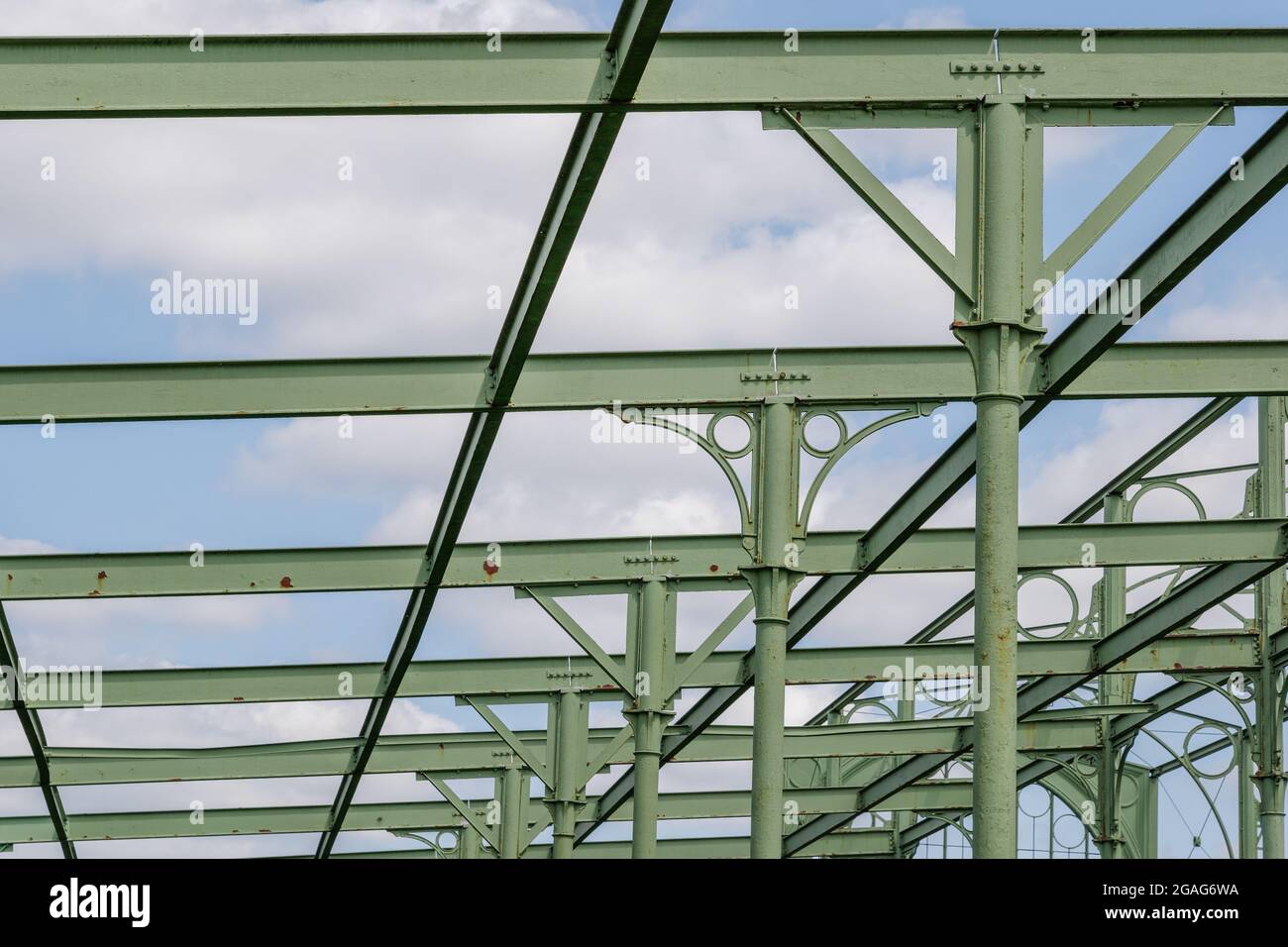 Detail of existing retro steel roof green structure of old industrial ...