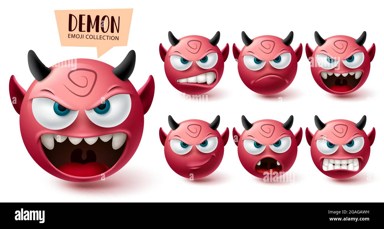 Smileys demon emoji vector set. Smiley emojis halloween red mascot character collection isolated ...