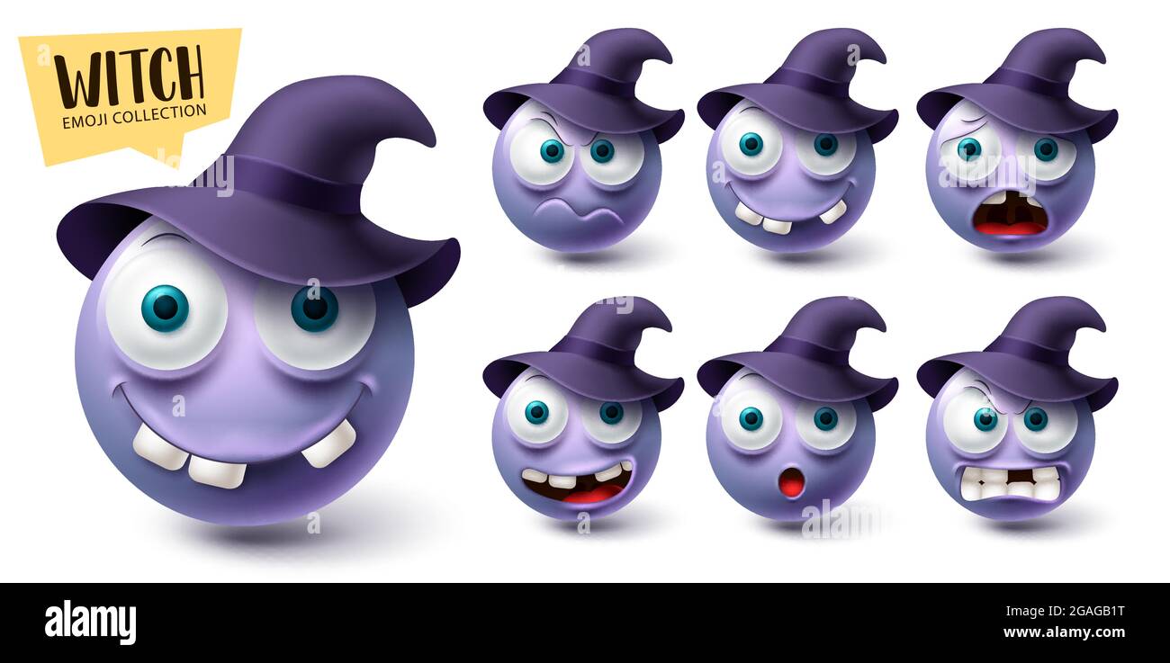 Smileys witch emoji vector set. Smiley emojis halloween character icon ...