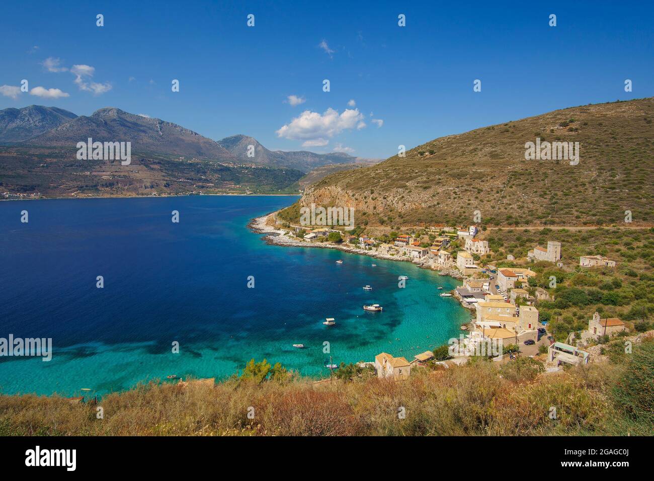 Scenic view from the picturesque seaside village Limeni. Traditional ...