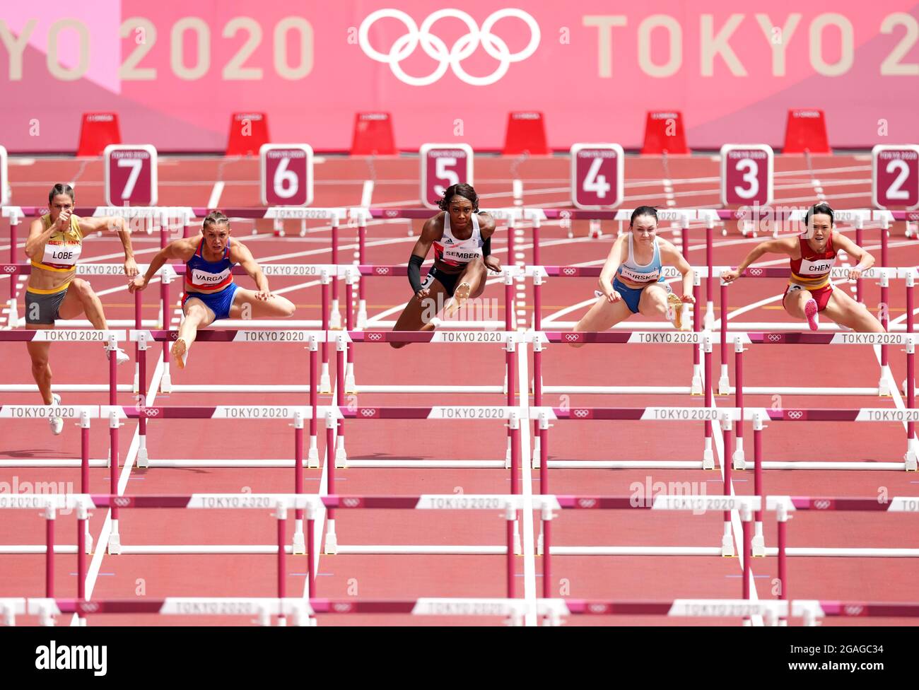 Great Britain's Cindy Sember (centre) in the Women's 100m Hurdles Heat ...