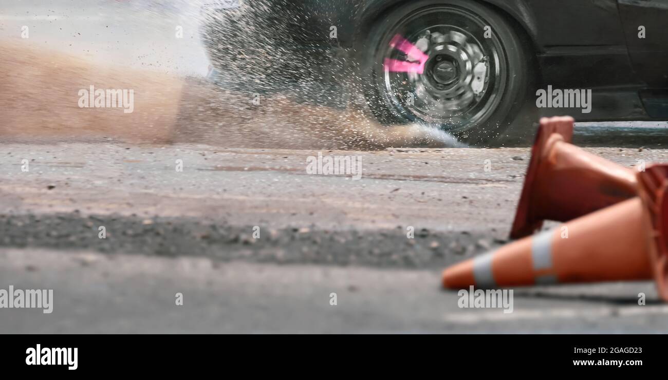 Close up drift race car increasing speed on drift playground Stock ...