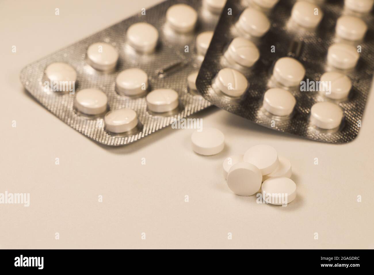 Pills With Prescription Medication Pill Strips On White Stock Photo - Alamy
