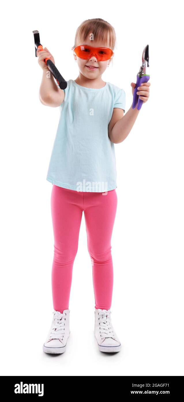 Little girl with tools isolated on white Stock Photo - Alamy