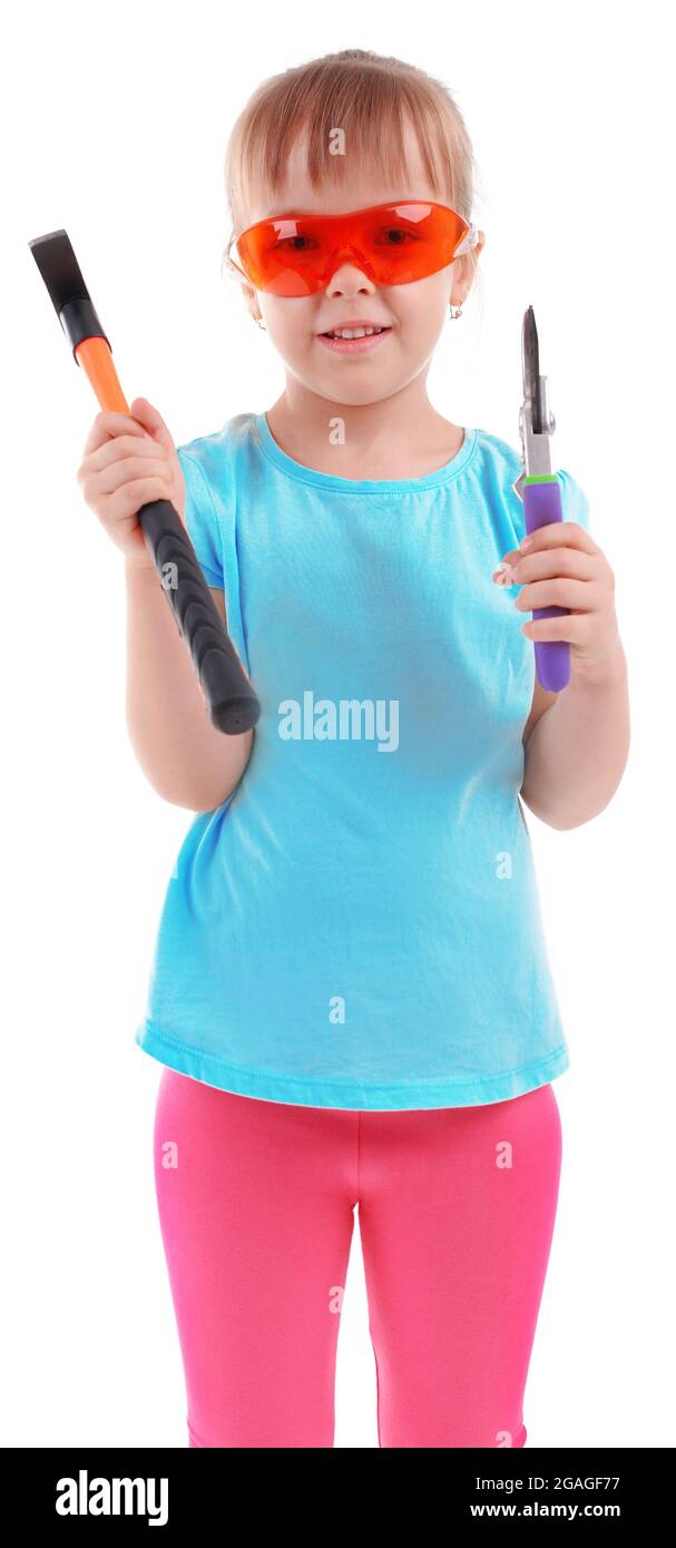 Little girl with tools isolated on white Stock Photo - Alamy