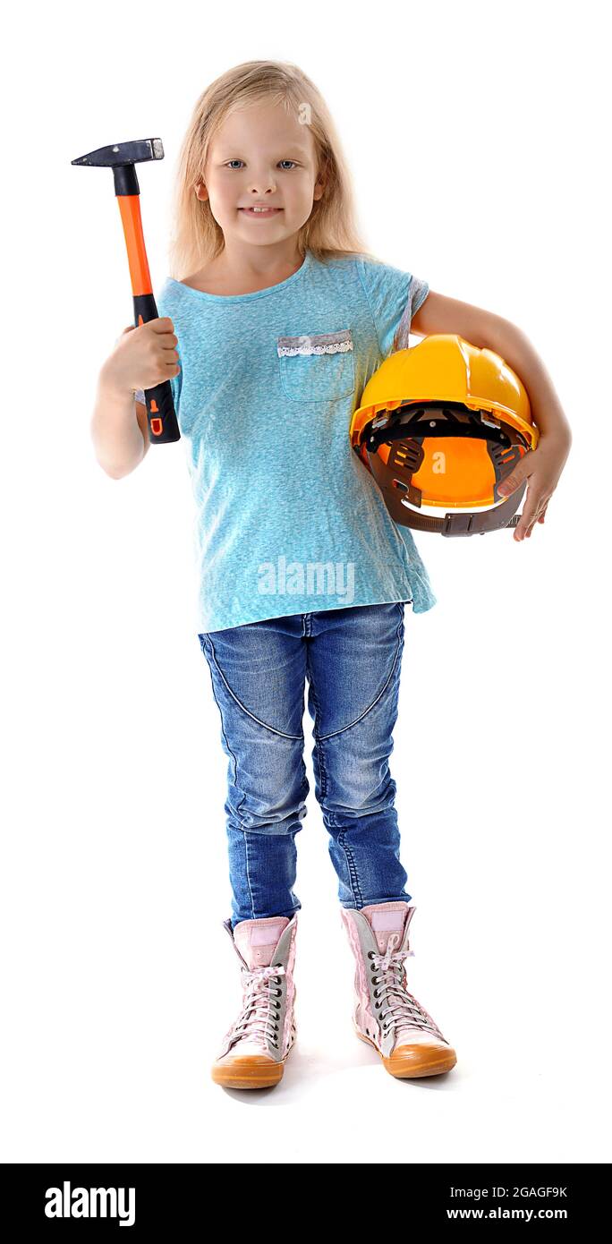 Little girl with tools isolated on white Stock Photo - Alamy