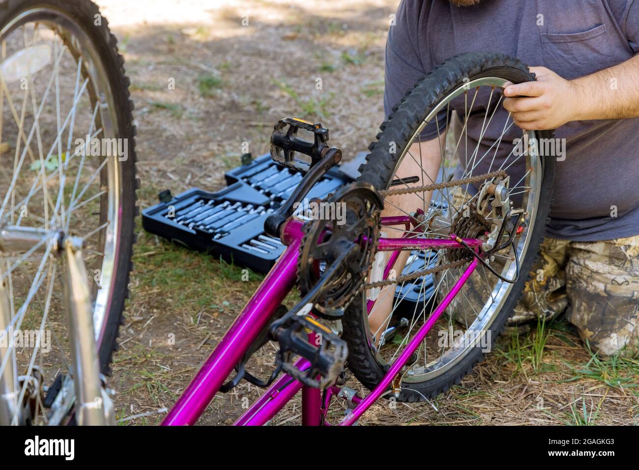 Man repairing bicycles in a handsome bike mechanic Stock Photo - Alamy