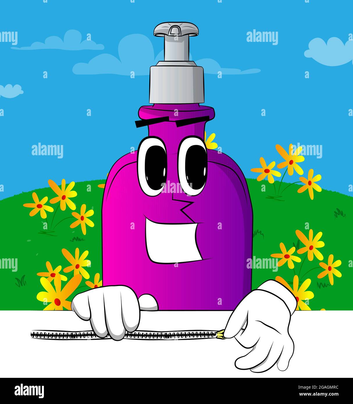Cartoon bottle of hand sanitizer gel for hygiene with face zipping a ...