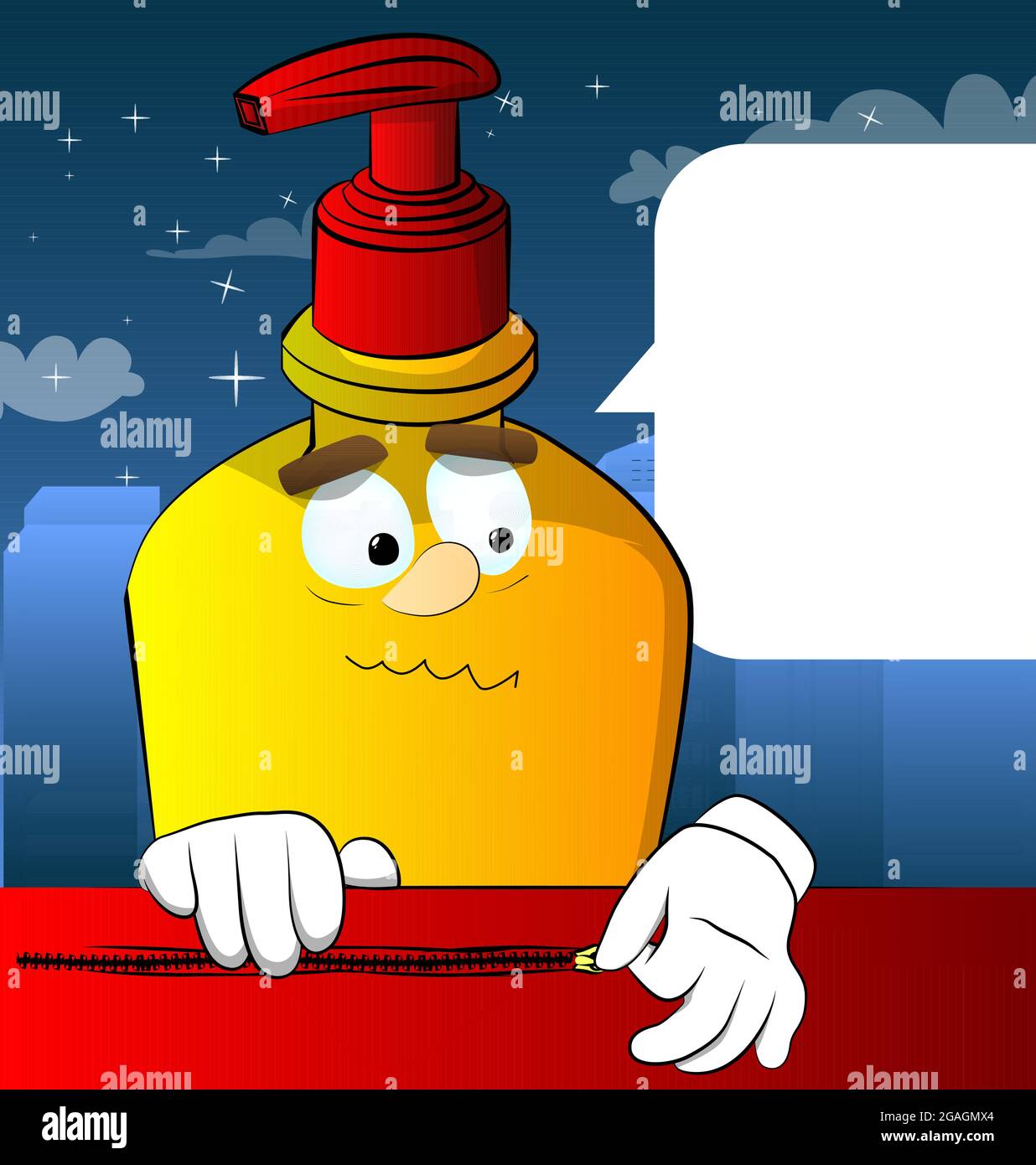 Cartoon bottle of hand sanitizer gel for hygiene with face zipping a ...