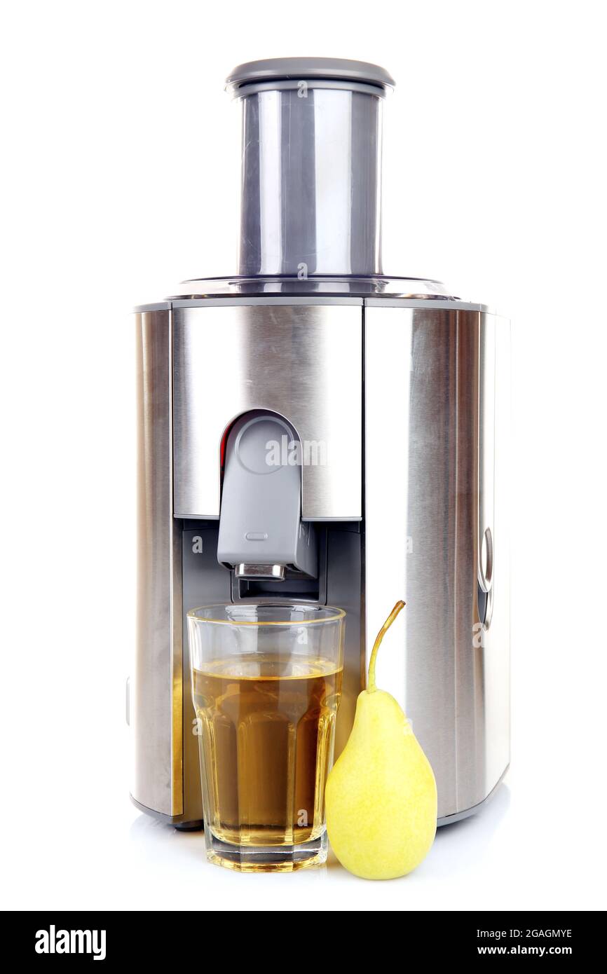 Stainless juice extractor with glass of juice isolated on white ...