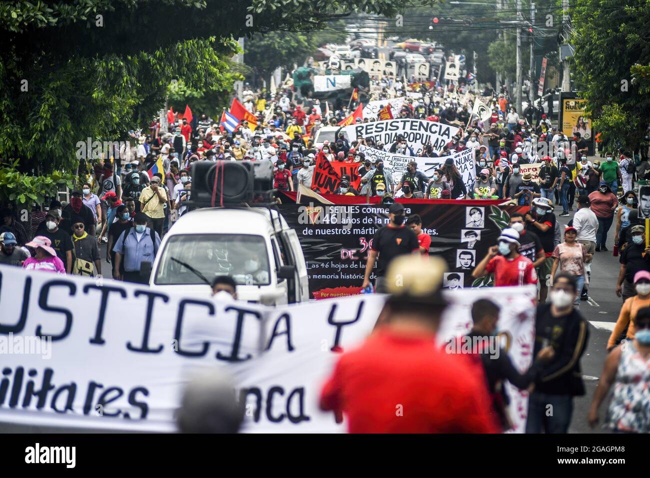 San Salvador, El Salvador. 30th July, 2021. Student demonstrators hold ...