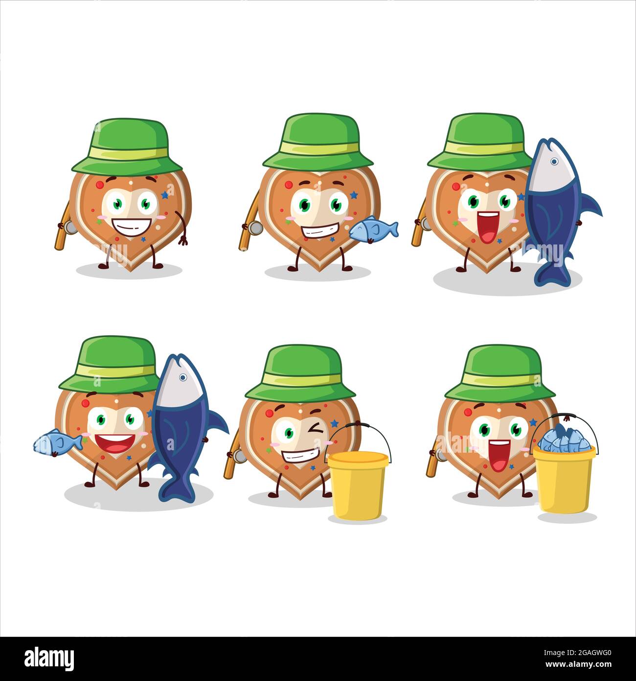 A fisherman gingerbread heart cartoon picture catch a big fish. Vector ...