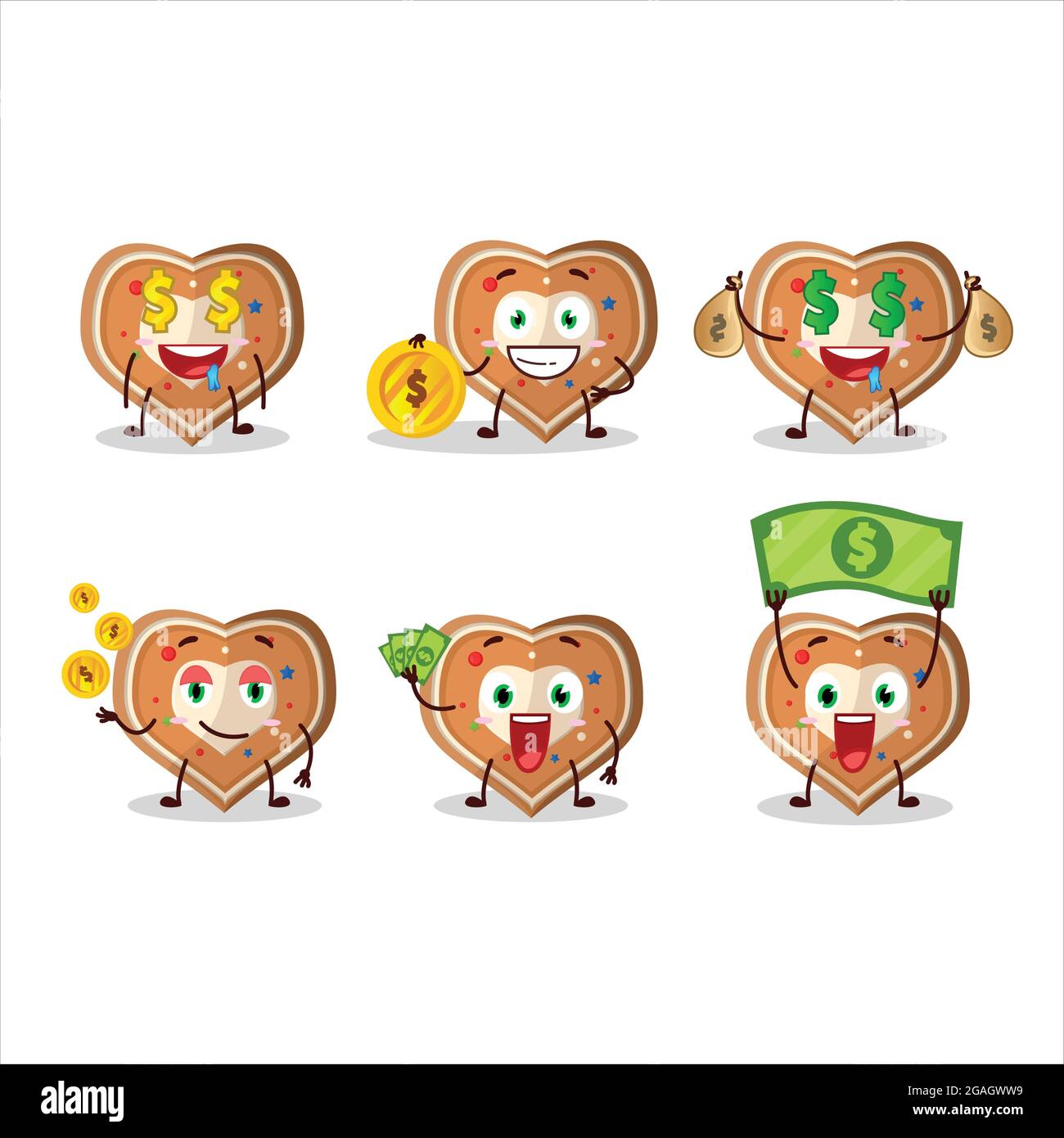Gingerbread heart cartoon character with cute emoticon bring money ...
