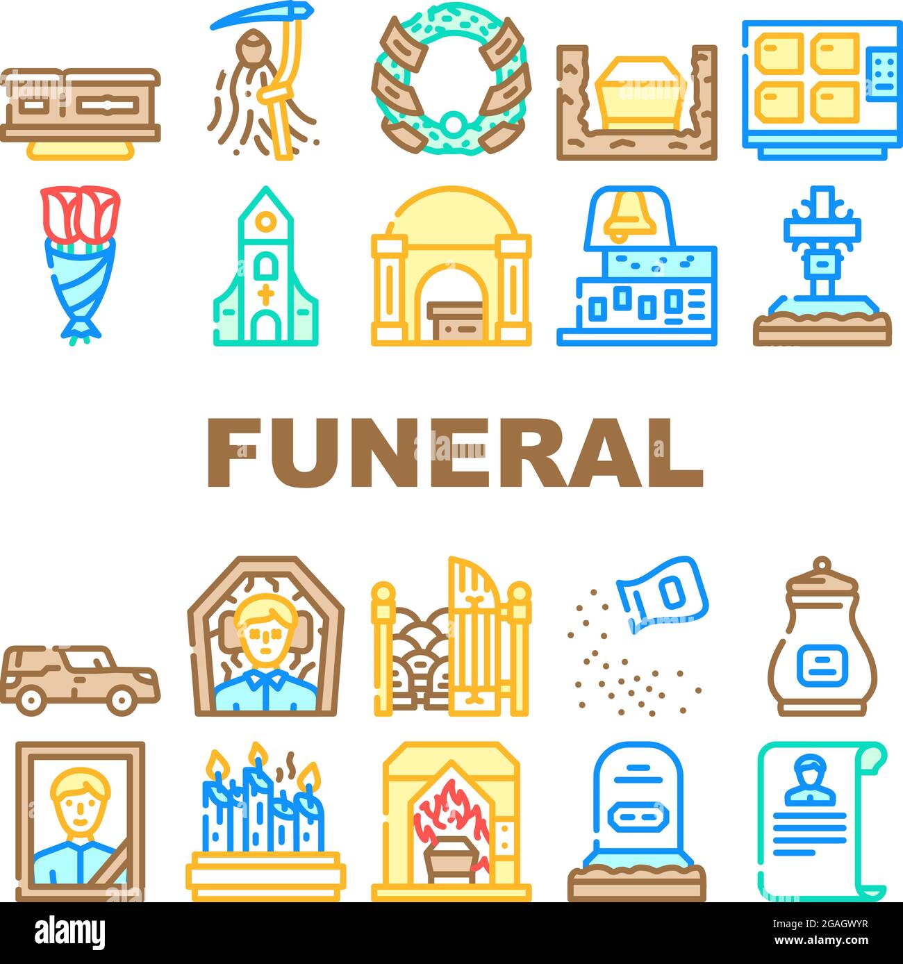 Funeral Dead Ceremony Collection Icons Set Vector Stock Vector Image ...
