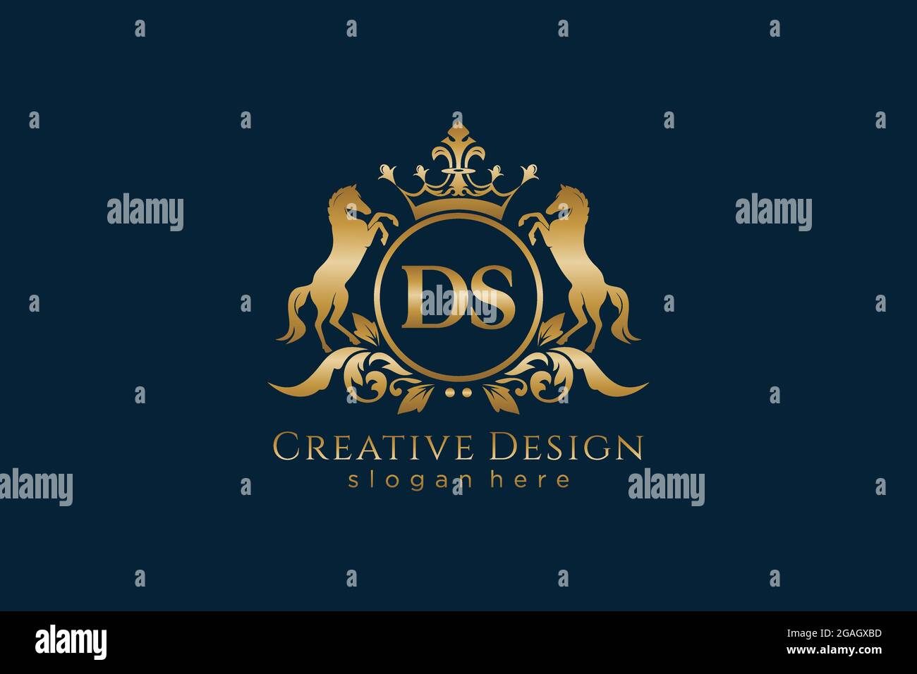 DS Retro golden crest with circle and two horses, badge template with ...