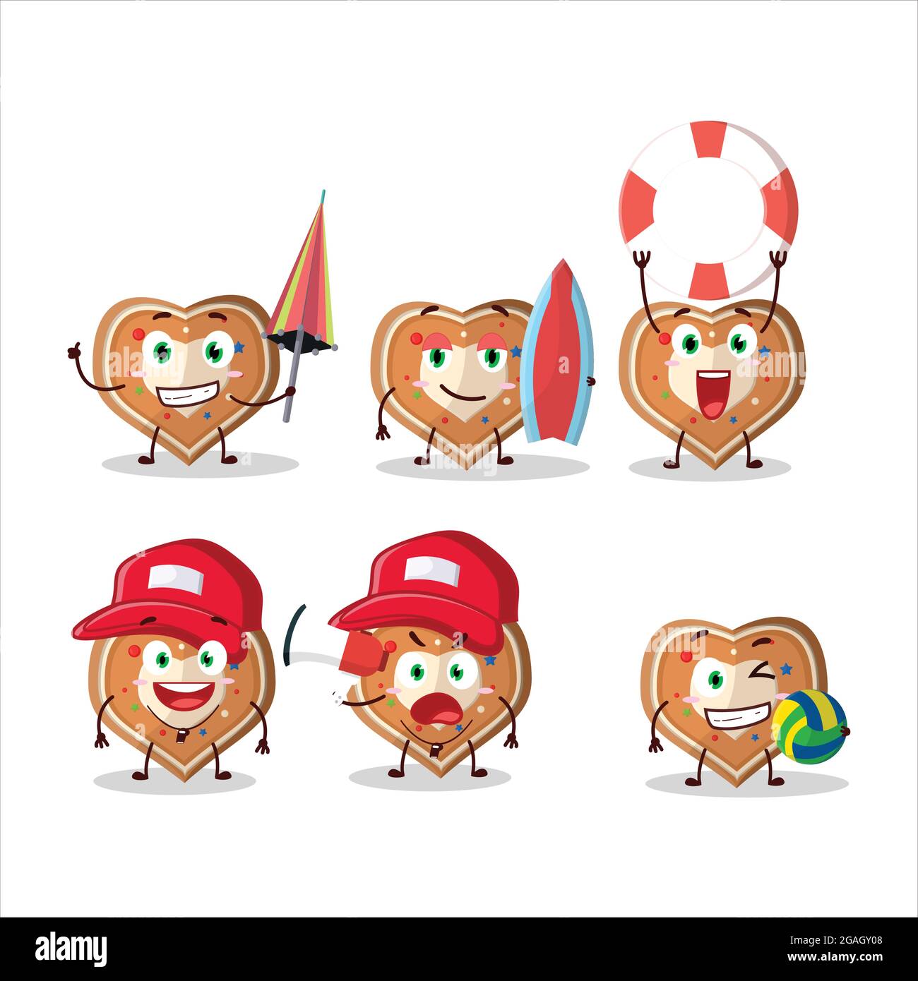 Happy Face gingerbread heart cartoon character playing on a beach ...