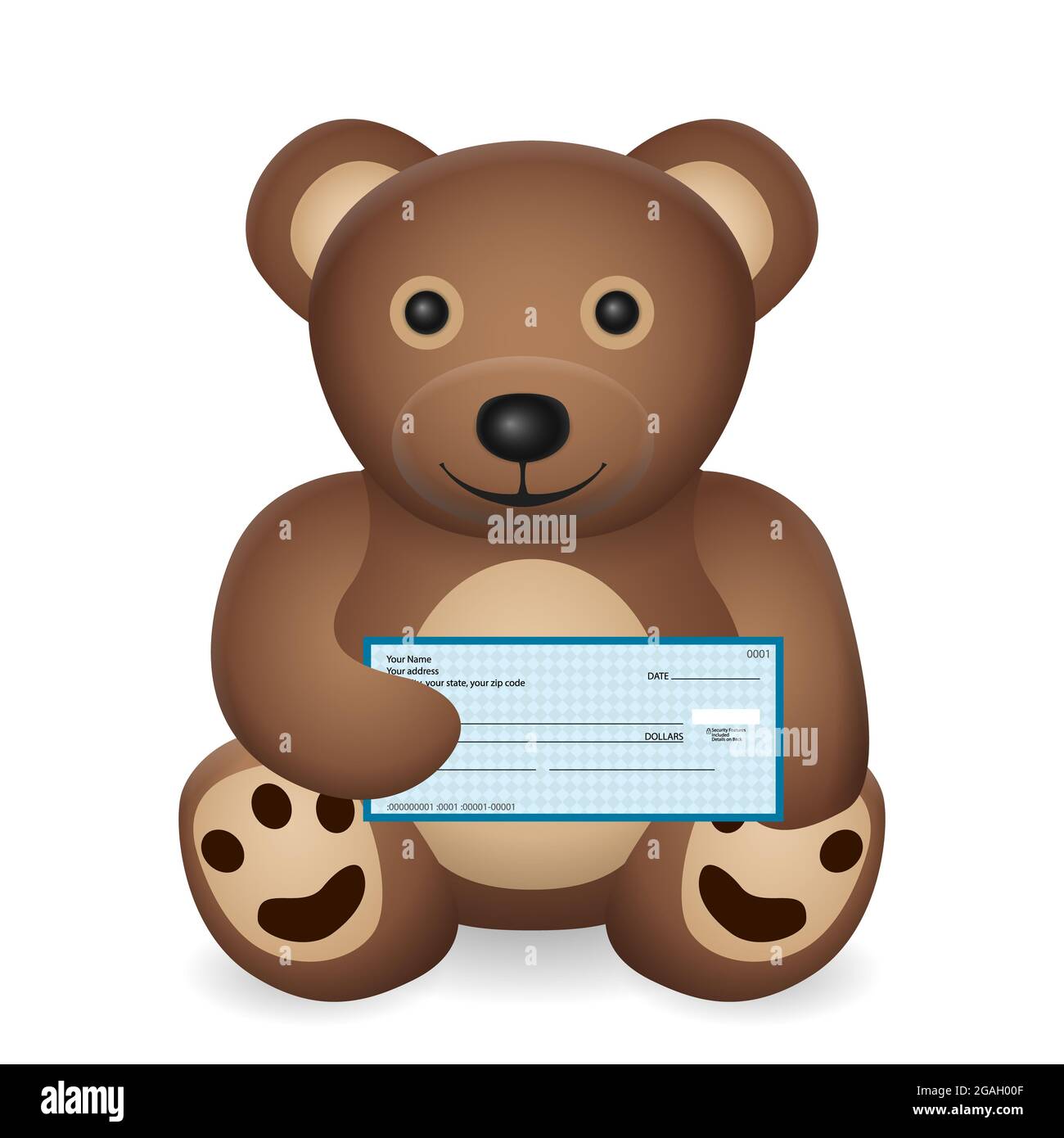 Teddy bear with bank check on a white background. Vector illustration ...