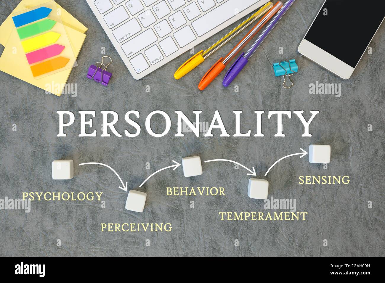 Office desk with accessories - keyboard, smartphone and pens ...