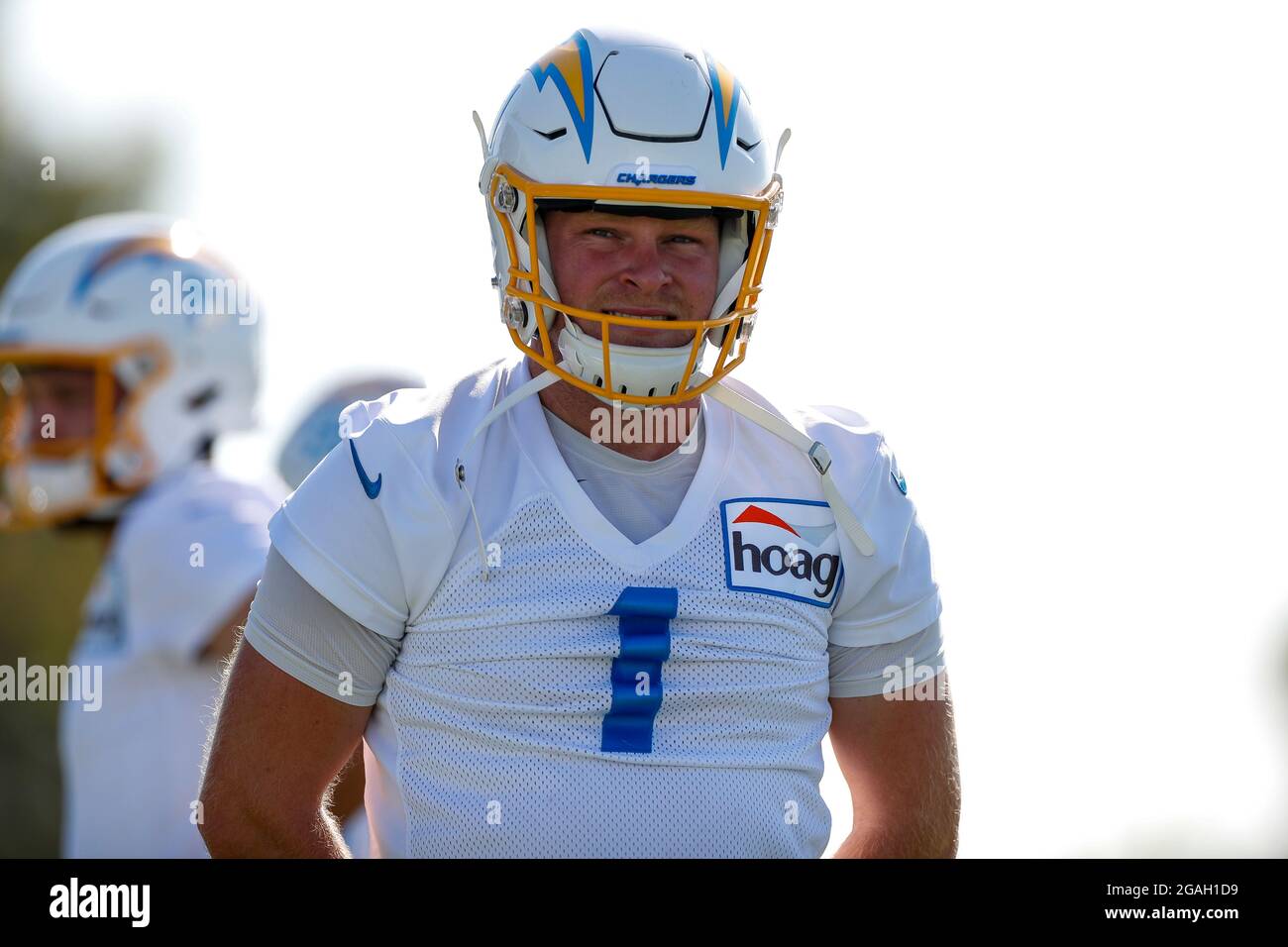 Los Angeles Chargers punter Ty Long (1) stretches during training camp ...