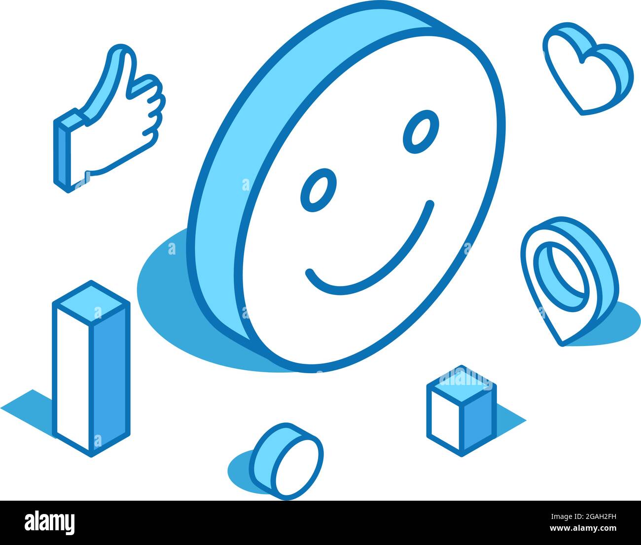 Positive emoji blue line isometric illustration. Good emotions, happy ...