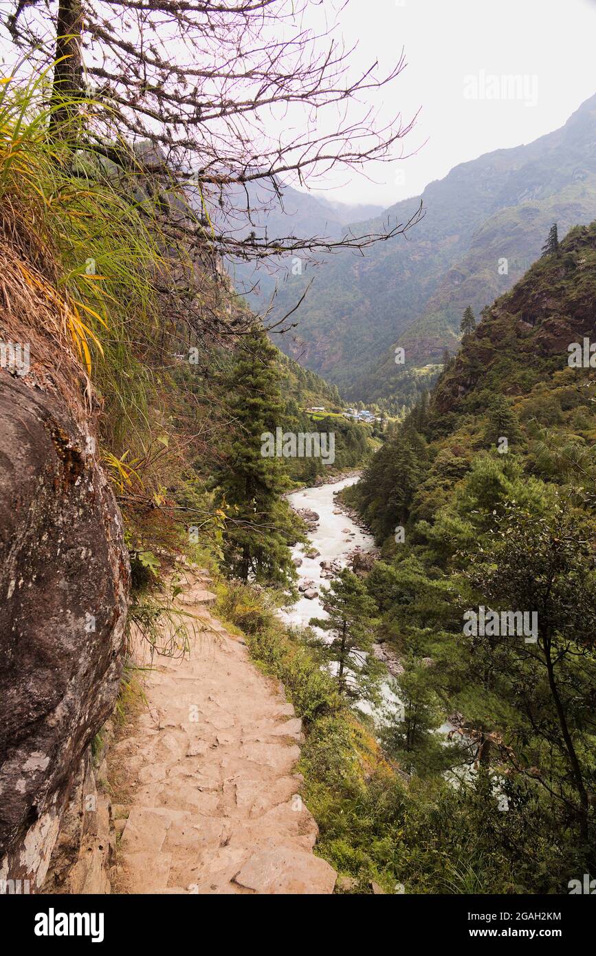 View of the Dudh Koshi river valley, with Phakding village in the ...
