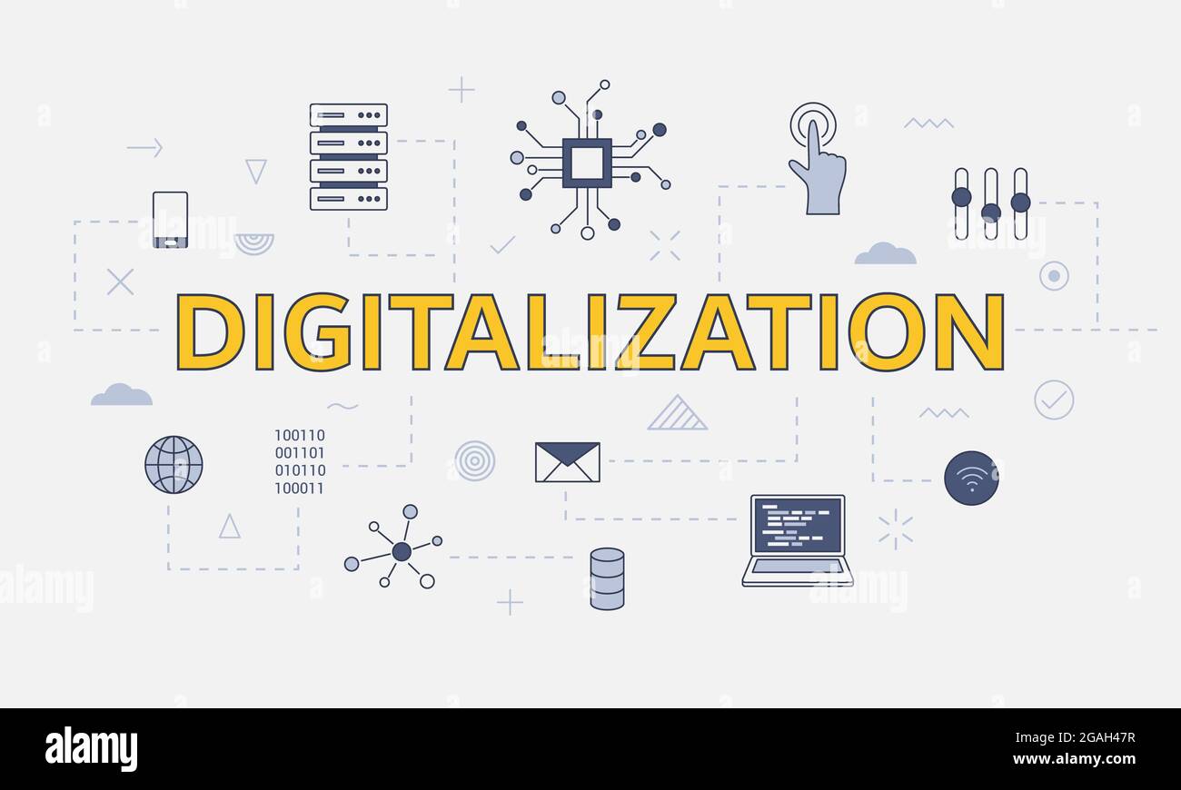 digitalization concept with icon set with big word or text on center ...