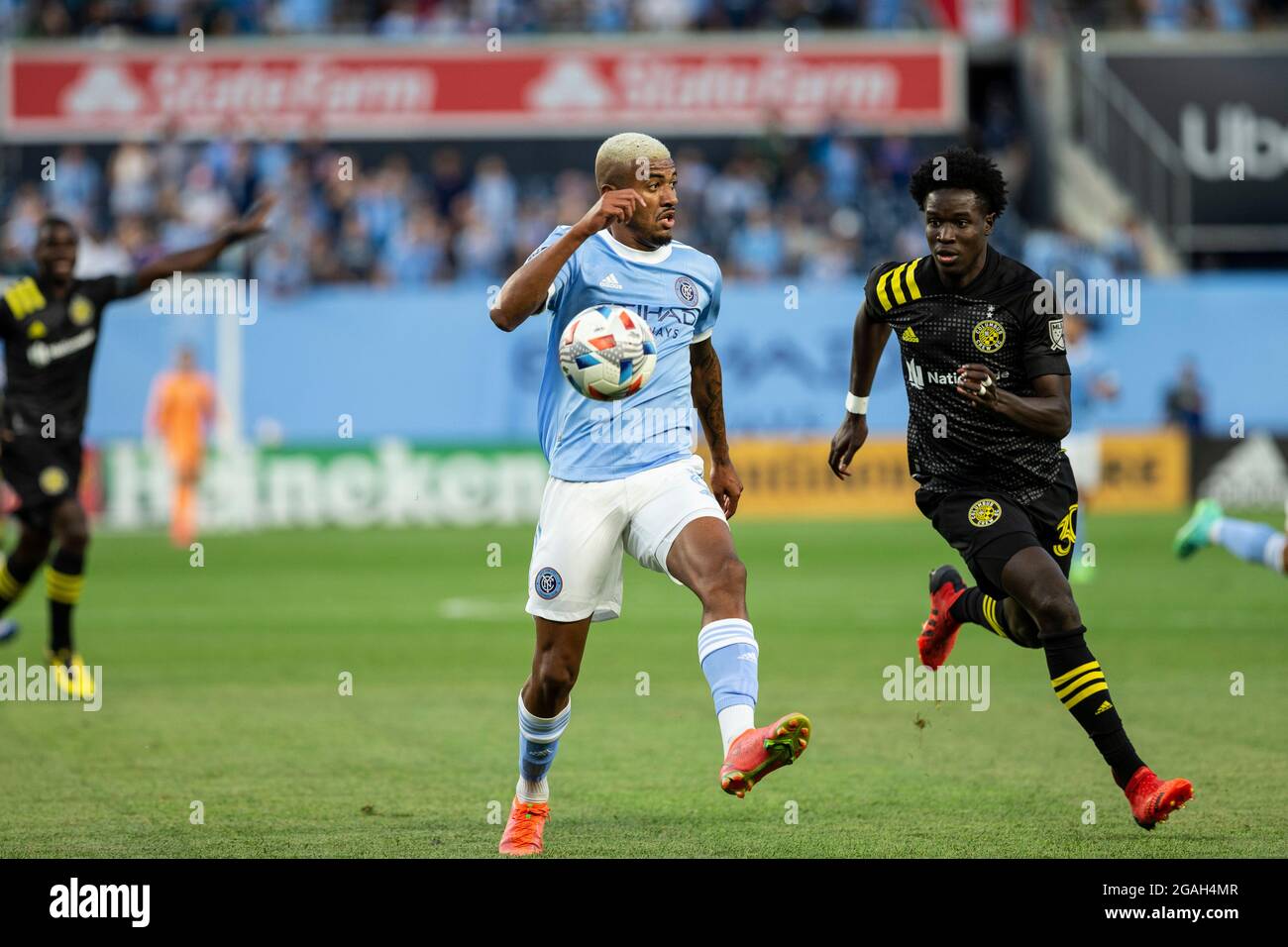 New York, NY - July 30, 2021: Santiago Rodtiguez (8) of NYCFC controls ...
