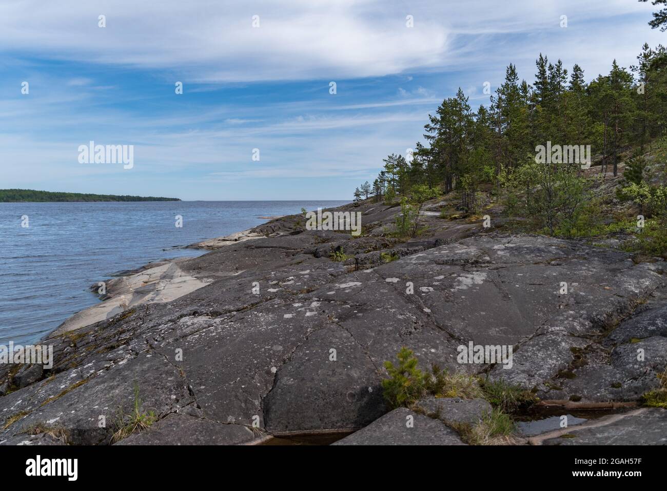 Skerry of Ladoga. Stony lake shore on Great Ladoga Trail. Leningrad ...