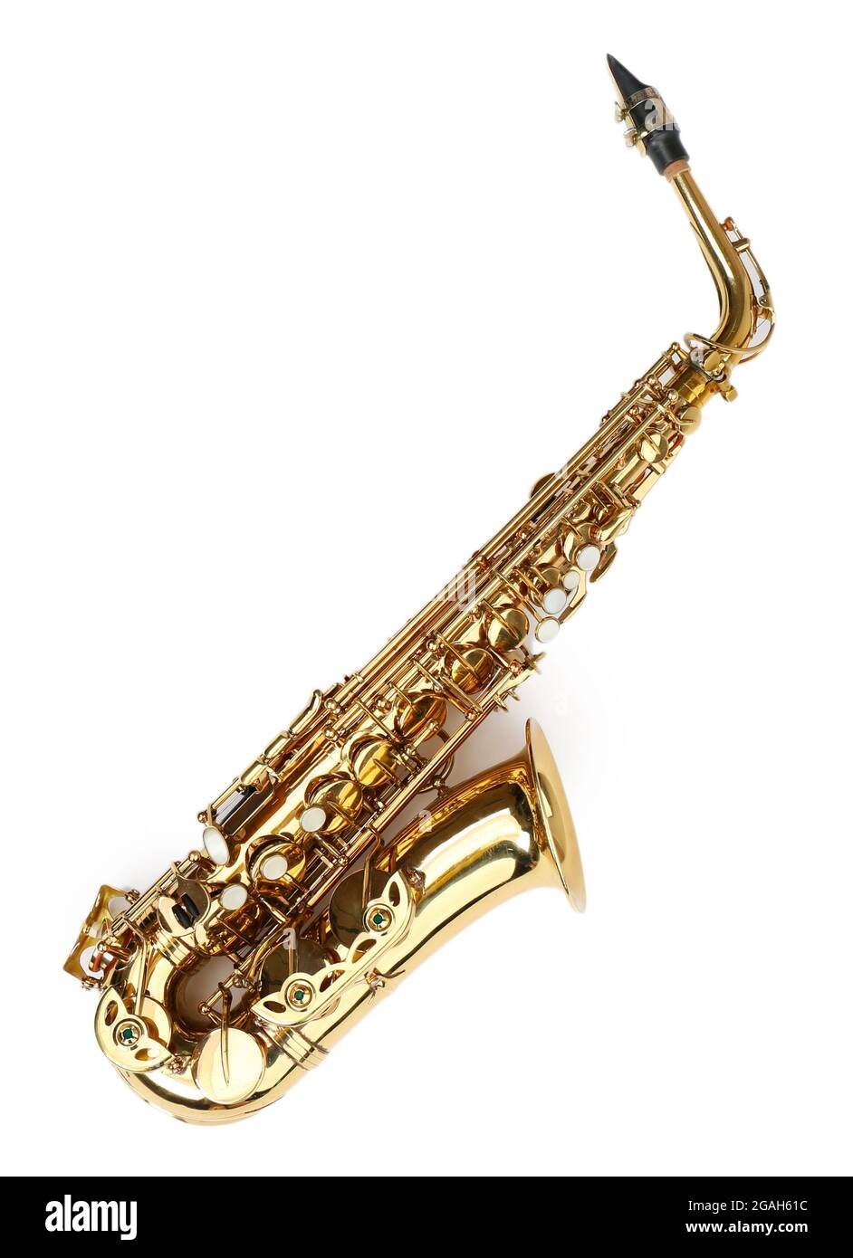 Golden saxophone isolated on white background Stock Photo - Alamy