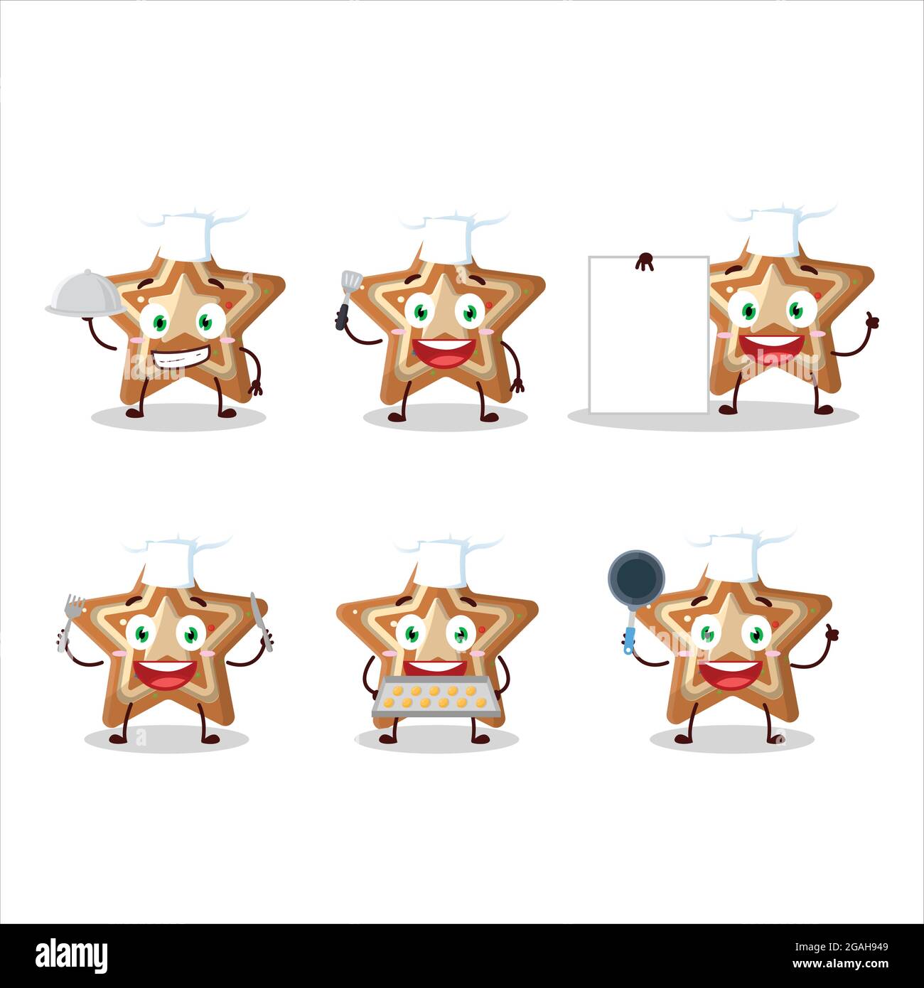 Cartoon character of gingerbread star with various chef emoticons ...