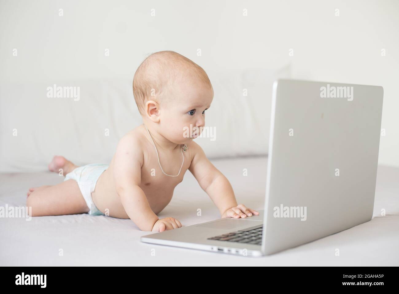 Baby with laptop on the white background Stock Photo - Alamy